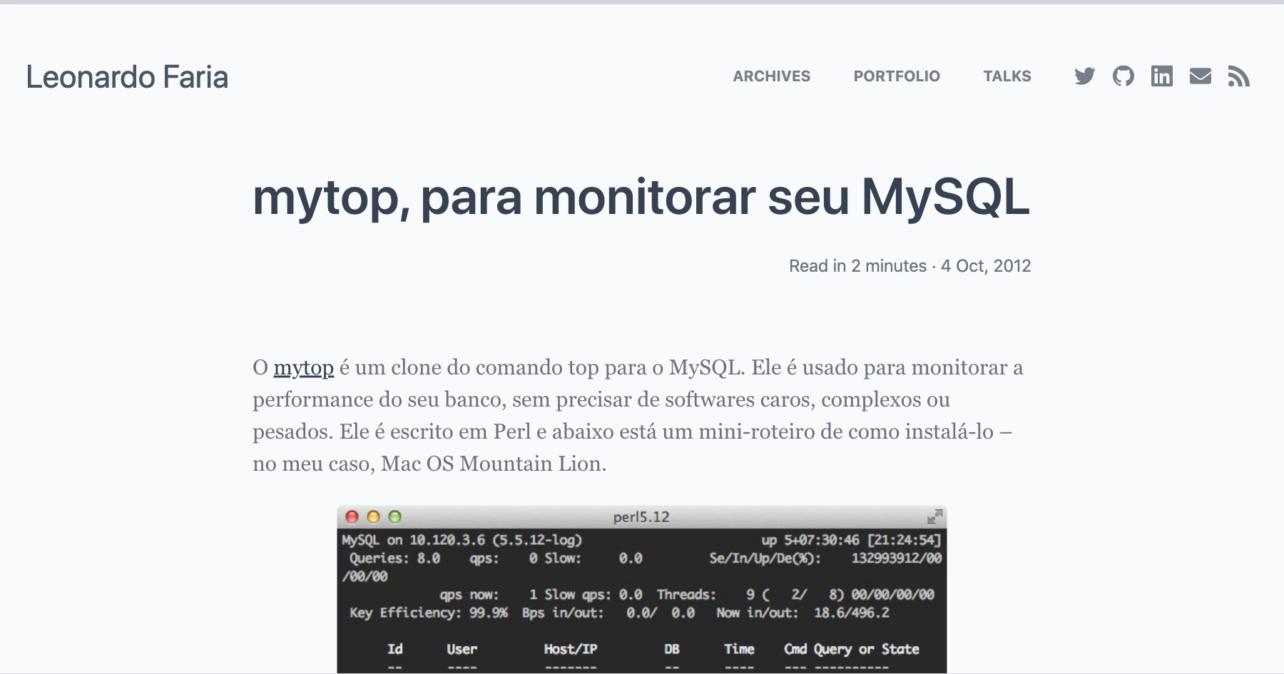 mytop, para monitorar seu MySQL · Leonardo Faria