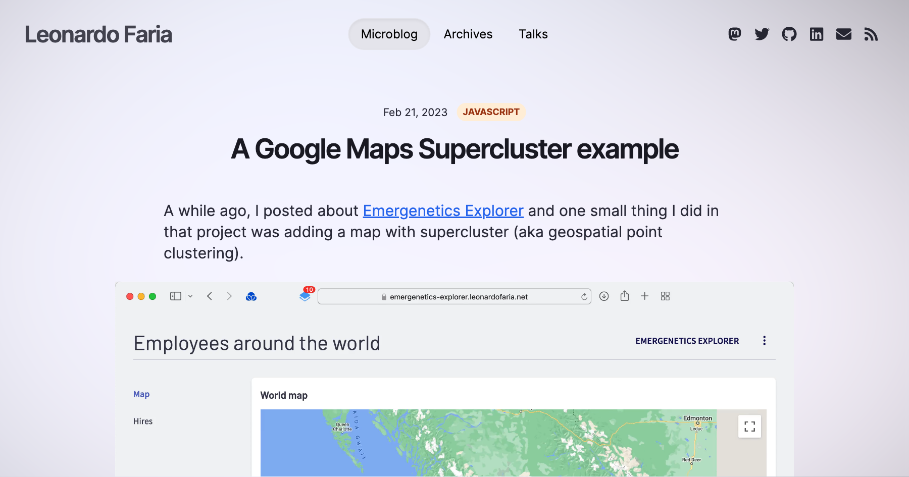 A Google Maps Supercluster example · Microblog · Leonardo Faria